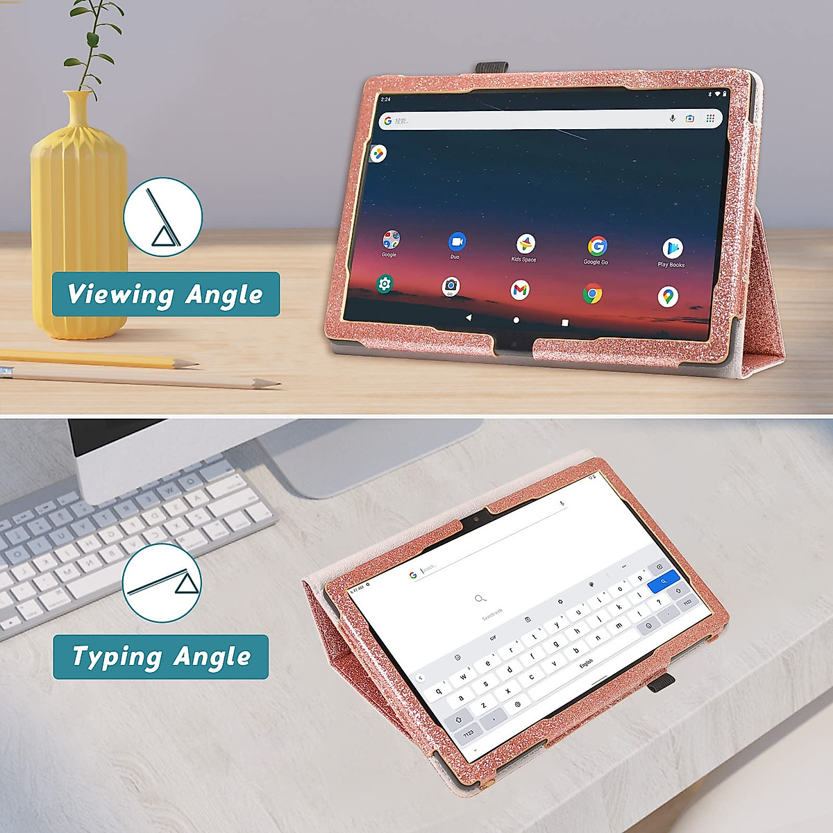 DMLuna Case for Onn 10.1 Tablet 2022 Generation 3 (Model: 100071485) ONLY, Folio Leather Cover with Hand Strap Card Slot (NOT FIT 2020 Onn 10.1 Model: 100011886 / Onn 10.1 Tablet Pro), Glitter Rose