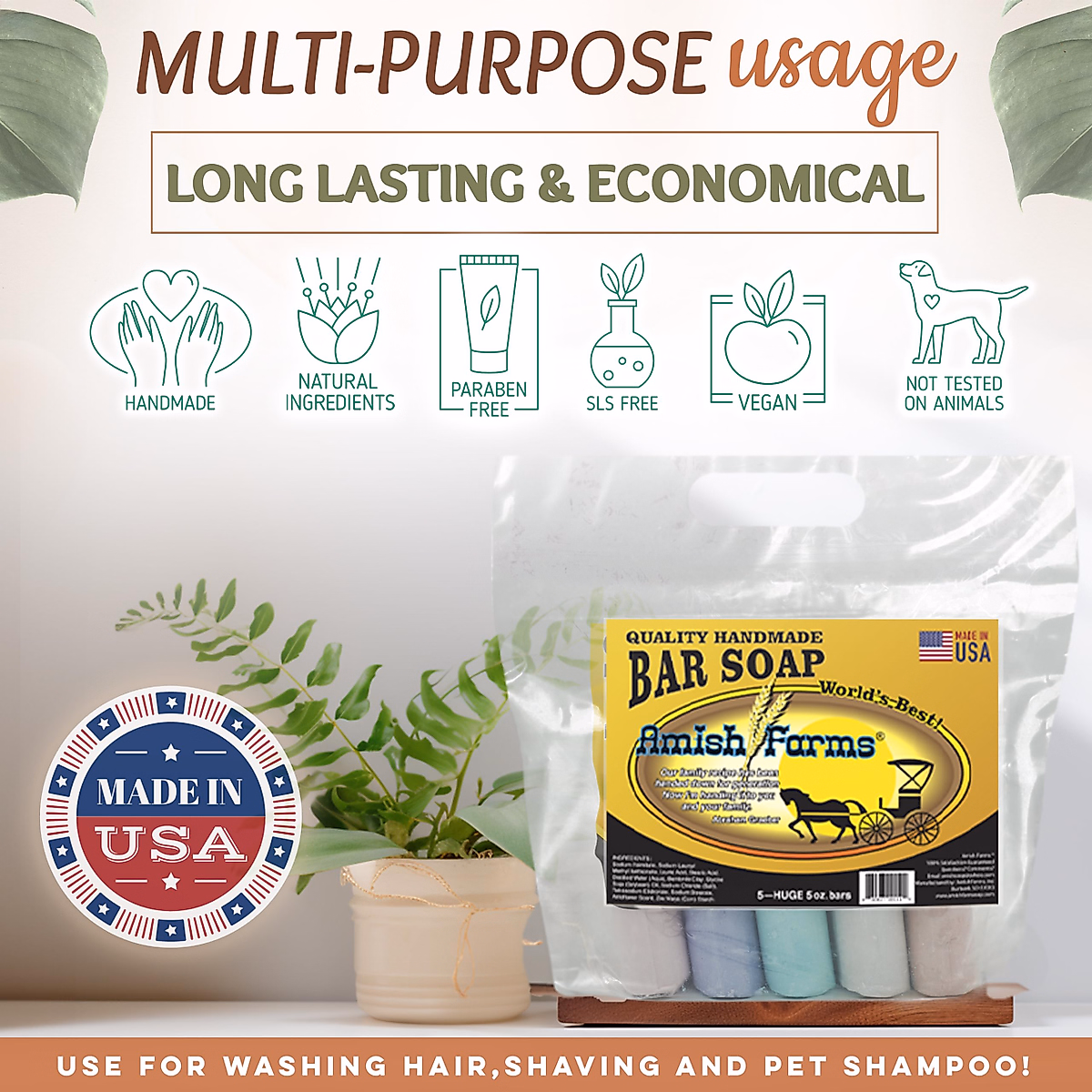 Amish Farms Original Recipe All Natural Soap Bar - Made in USA, Handmade, Vegan Moisturizing for Sensitive Skin - Women & Mens Bar Soap or Mens Soap - Wildflower Scent 5 Oz Each (5 Bars) Colors Vary