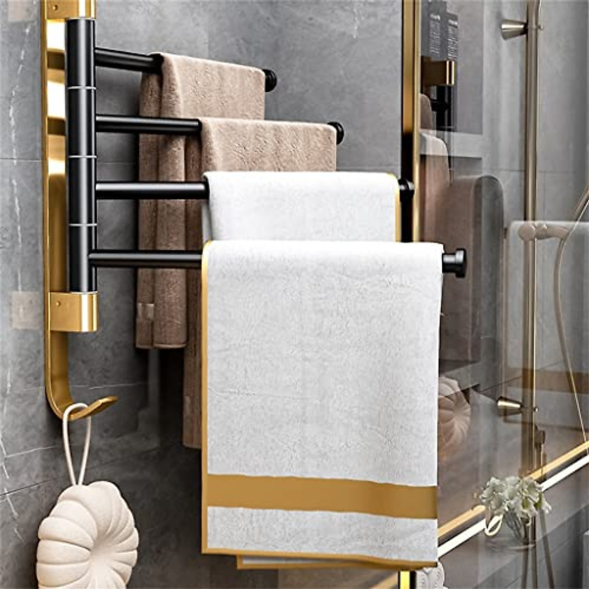UXZDX Rotary Towel Rack Light Luxury Black Gold Punch-Free Bathroom Aluminium Activity Folding Organizer Shelf Hanging Wall Shelves (Color : 3, Size