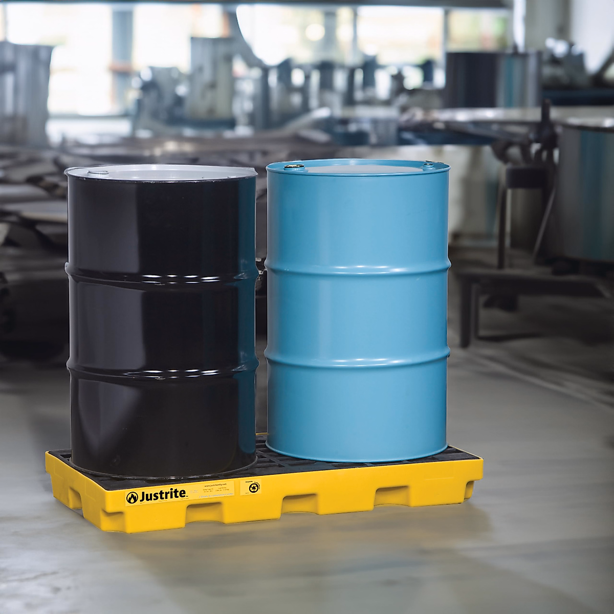 Justrite 2 Drum Low Profile Accumulation Center, 49" x 25" x 5.5", 24 Gallon Capacity Sump, Recycled Poly Spill Platform, Made in The USA, Yellow, 28654