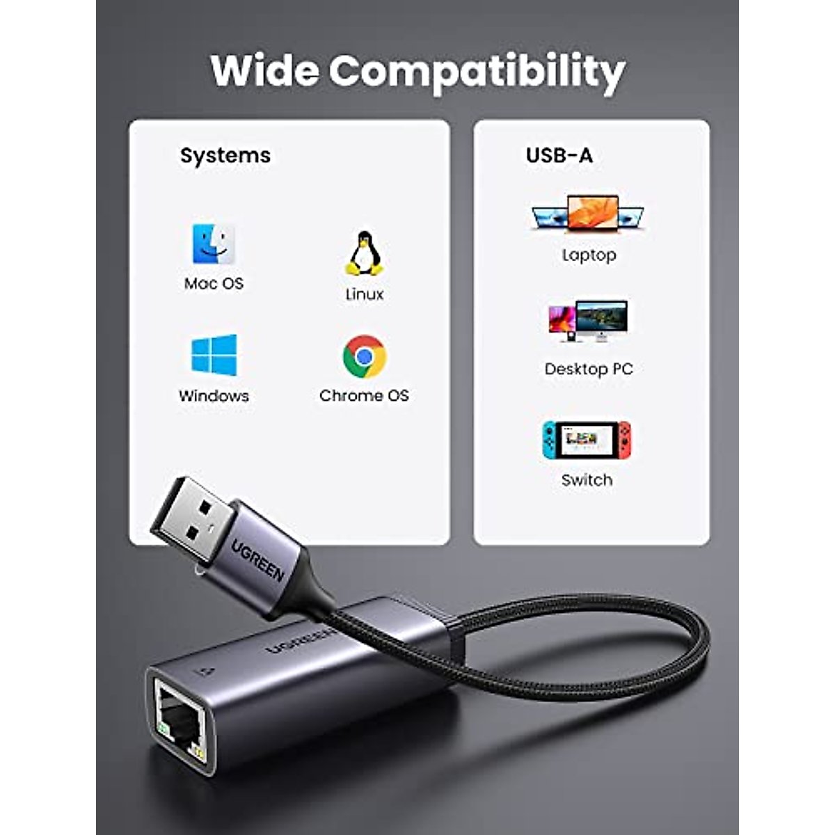 UGREEN USB to Ethernet Adapter USB 3.0 to 10 100 1000 Mbps Gigabit LAN Network Adapter RJ45 Internet Adapter Compatible with Nintendo Switch Laptop PC MacBook Surface XPS Raspberry Pi 4b, and More