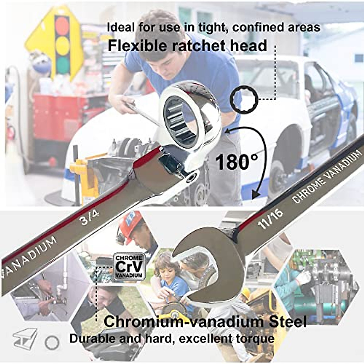 TR TOOLROCK 8pcs Flex-Head Ratcheting Wrench Set, SAE Ratcheting Combination Wrenches, Chrome Vanadium Steel, 72-Teeth Construction with Organizer Bag, 5/16" 3/8" 7/16" 1/2" 9/16" 5/8" 11/16" 3/4"