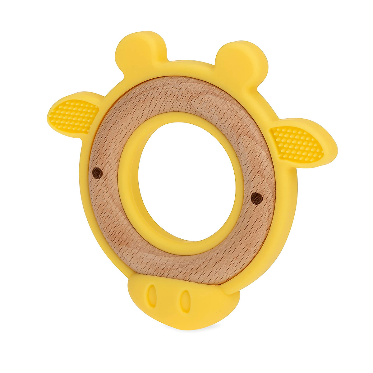 Nuby Natural Wood Teether with Soft Silicone, Minimalist Design Easy to Clean, Giraffe Yellow