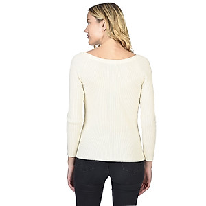 State Cashmere Women’s Easy V-Neck Ribbed Sweater 100% Pure Cashmere 3/4 Sleeve Pullover (Undyed White, Large)