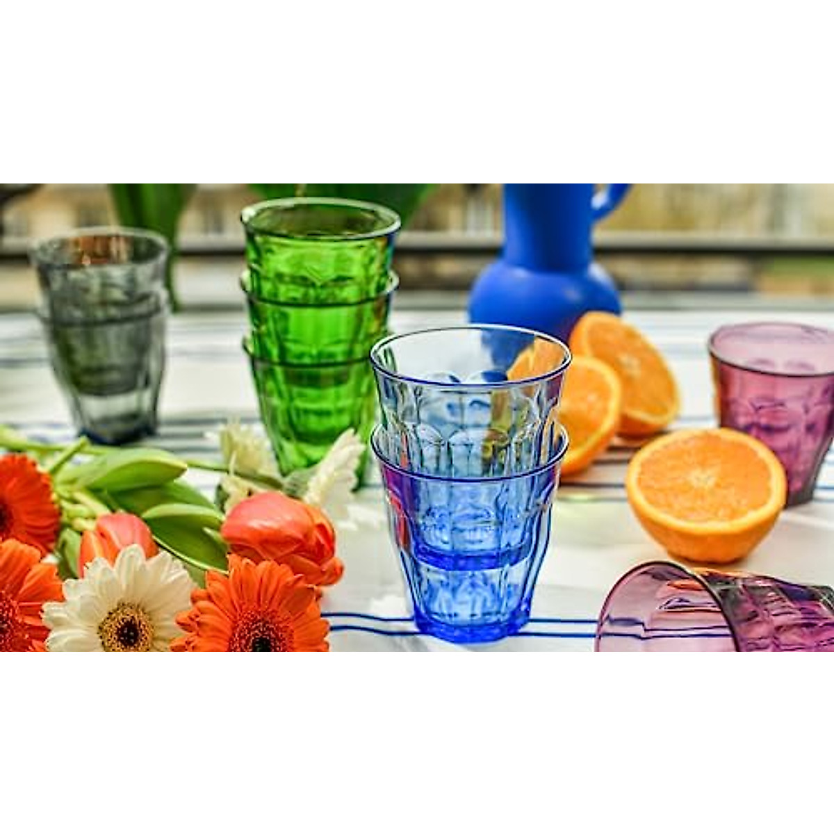 Duralex Made In France Picardie Glass Tumbler Drinking Glasses Set of 4. Size 8-3/8 oz, Mixed Colors: Plum, Green Marine Blue, Grey.