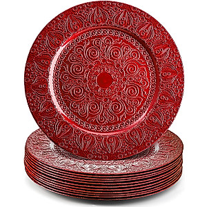 Hacaroa Set of 12 Plastic Round Charger Plates, 13 Inch Red Chargers for Dinner Plates, Antique Wedding Chargers for Table Setting, Holiday, Catering Event, Embossed Patterns