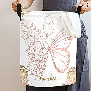 Personalized Laundry Basket, Pink Rose Butterfly Fairy Girl Custom Storage Bins Laundry Hamper with Name Collapsible Toys Organizer