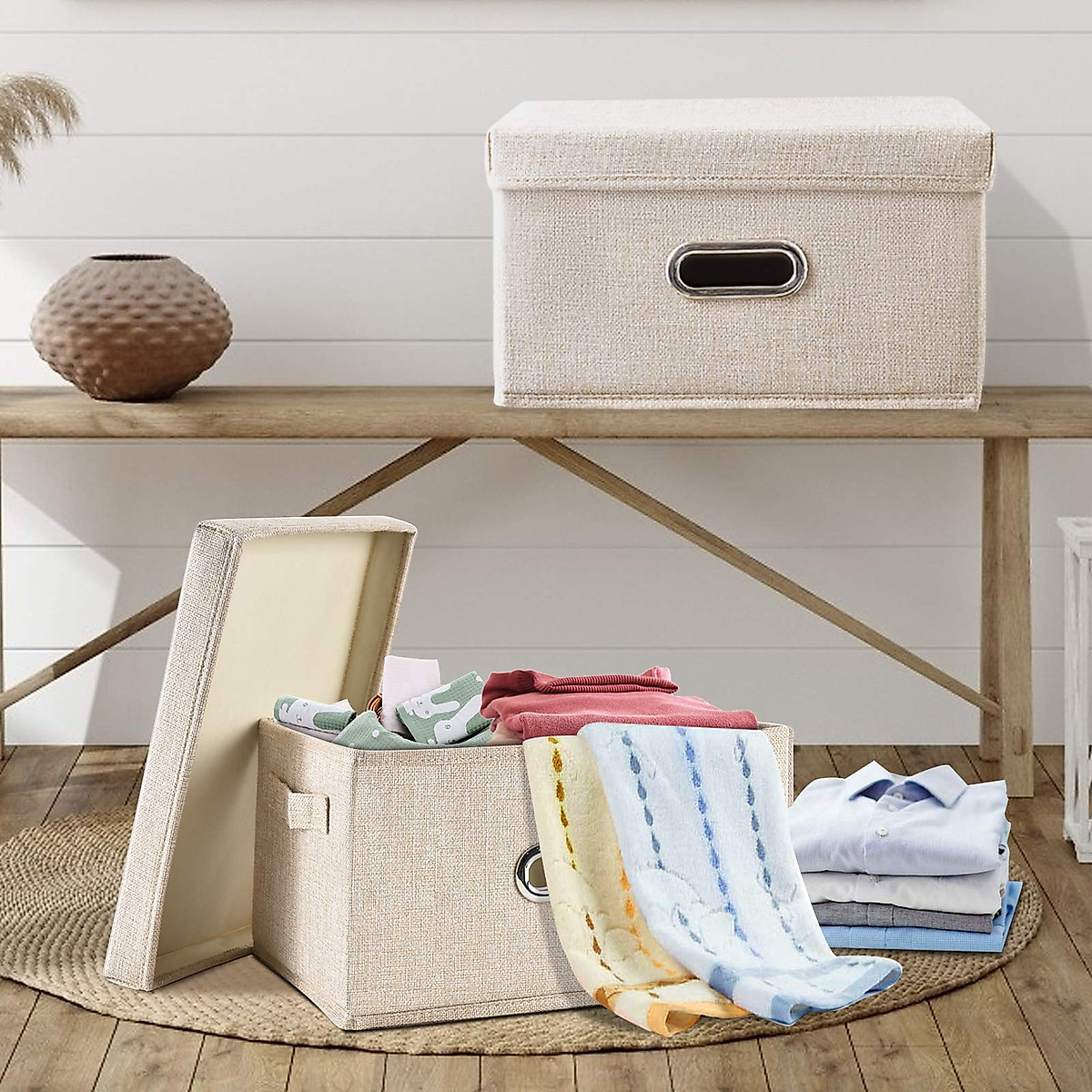 HONGKERNE Storage Box Bin, Linen Fabric, Foldable Storage Organizer with Lid, Multi-Use Clothes Storage Container for Bedroom, Office, Home (Cream, Large)