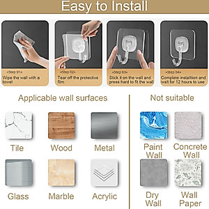 TocTen Adhesive Hook, 8 Pack Hold 30lb(Max) Heavy Duty Sticky Hooks, Damage Free Self-Adhesive Traceless Clear Wall Hooks, Waterproof and Rustproof Shower Towel Hook for Bathroom Kitchen Office