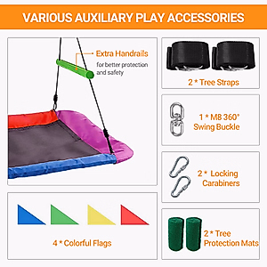 IKARE Large Platform Tree Swing 60" x 32", 800lb Weight Capacity, Indoor Outdoor Play Swing Set for Kids Adults, Adjustable Rope, Mesh Mat,Wear-Resistant Tree Cover