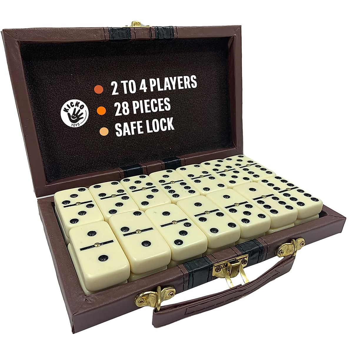 Kicko Premium Classic Domino Set - Jumbo - Double Six - 28 Thick Pieces in Durable Wooden Vegan Leather Box for Boys, Girls, Adults, Kids Party Favors and Game Night Use - Up to 2-4 Players