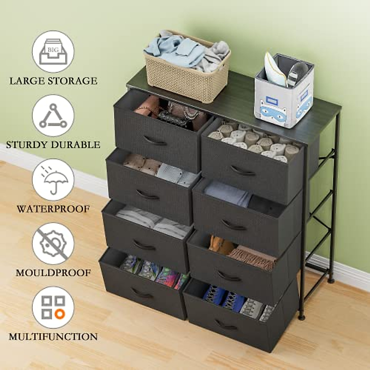 JUMMICO Tall Wide 8 Drawers Dresser for Bedroom, Dormitory (Black)