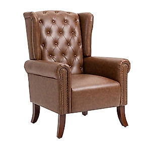MOJAY Mid-Century PU Leather Accent Chair, Living Room Lounge Sofa Chair with Buttons, Single Club Armchair with Rivet Trim for Bedroom Home Reception (Brown)