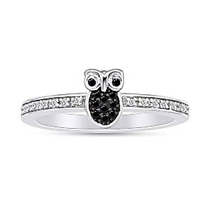 AFFY 1/10 Carat CTTW Round Cut Black And White Natural Diamond Owl Ring In 14K White Gold Over Sterling Silver (0.10 Cttw, I2-I3 Clarity)