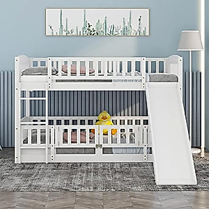 VilroCaz Twin Over Twin Low Bunk Bed with Door Openable Fence, Versatile Bunk Bed with Slide and Built-in Ladder, Solid Wood Bunk Bed Frame for Kids Teens Boys Girls (White)