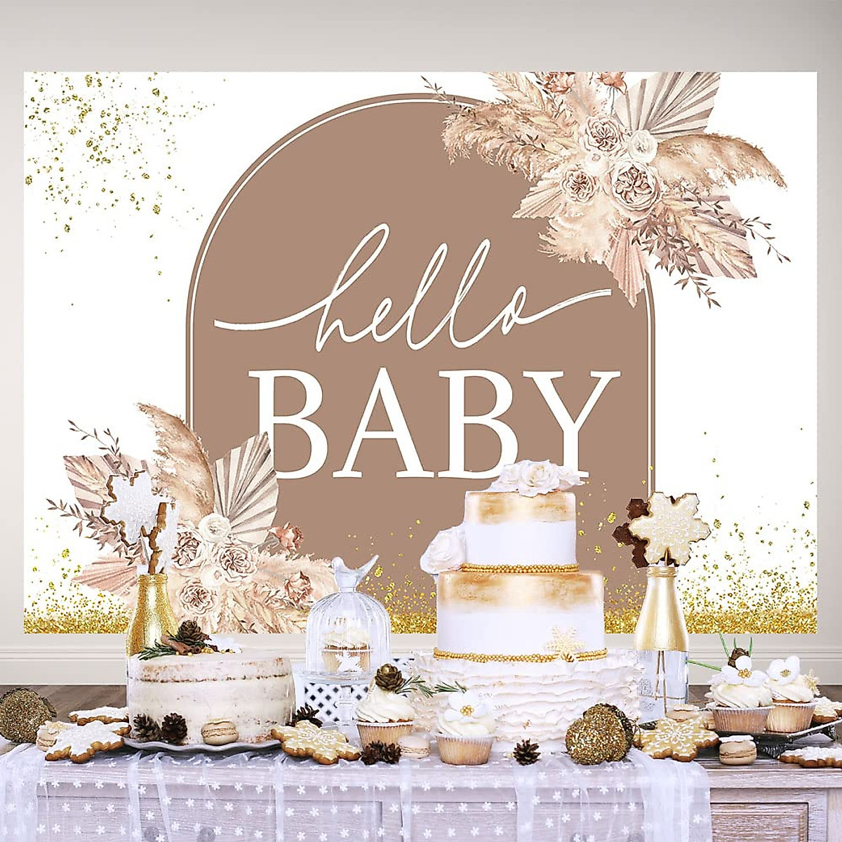 Hilioens 7×5ft Boho Baby Shower Backdrop Hello Baby Boho Pampas Floral Girl Baby Shower Background Oh Baby Gold Dots Newborn Pregnant Announcemen Surprise Party Banner Decorations Supplies