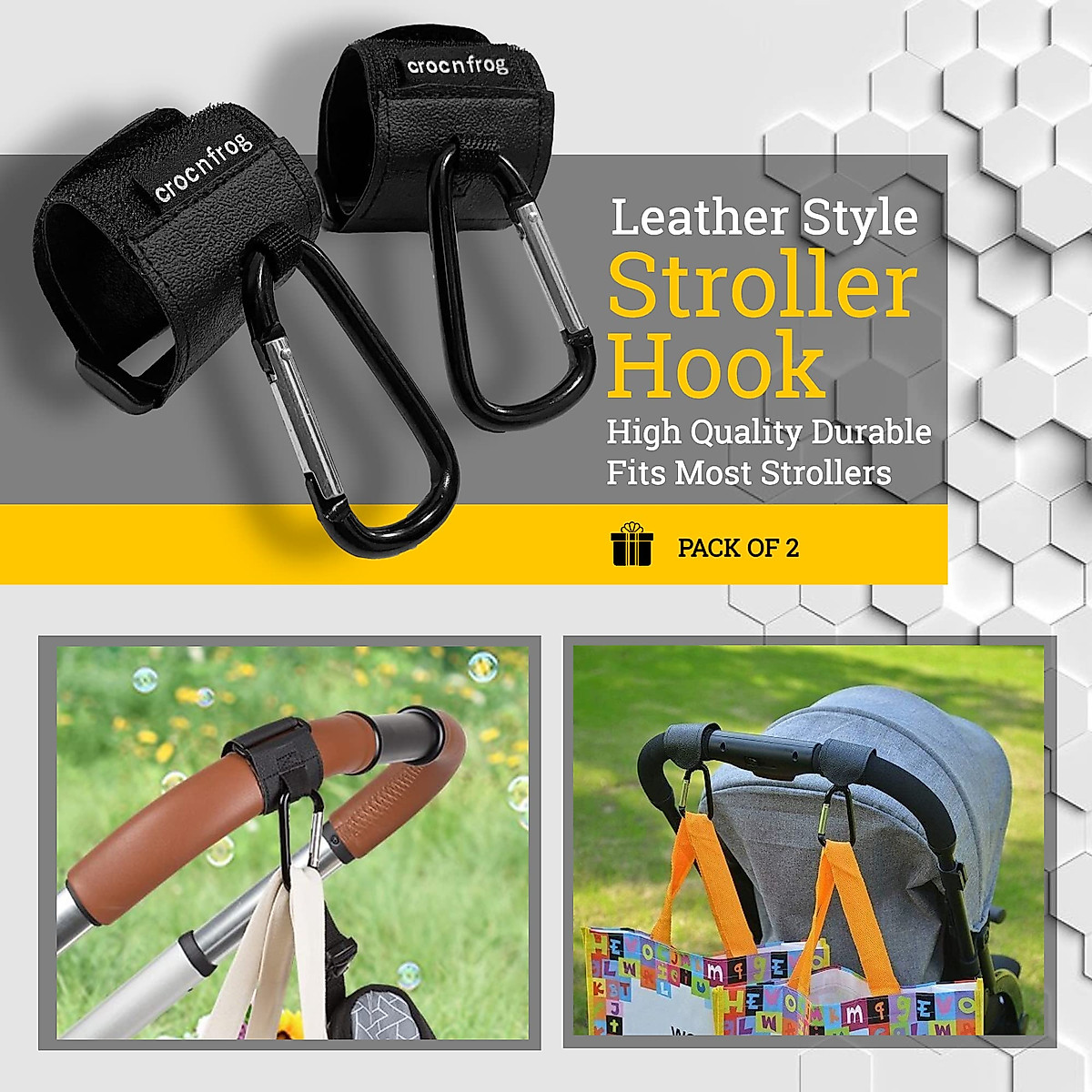 Stroller Hook - Faux Leather Style Stroller Hooks for Hanging Purse, Diaper Bags | Strong and Large Stroller Clips - Perfect Stroller Organizer for Baby Shower Favors or Gifts - Pack of 2