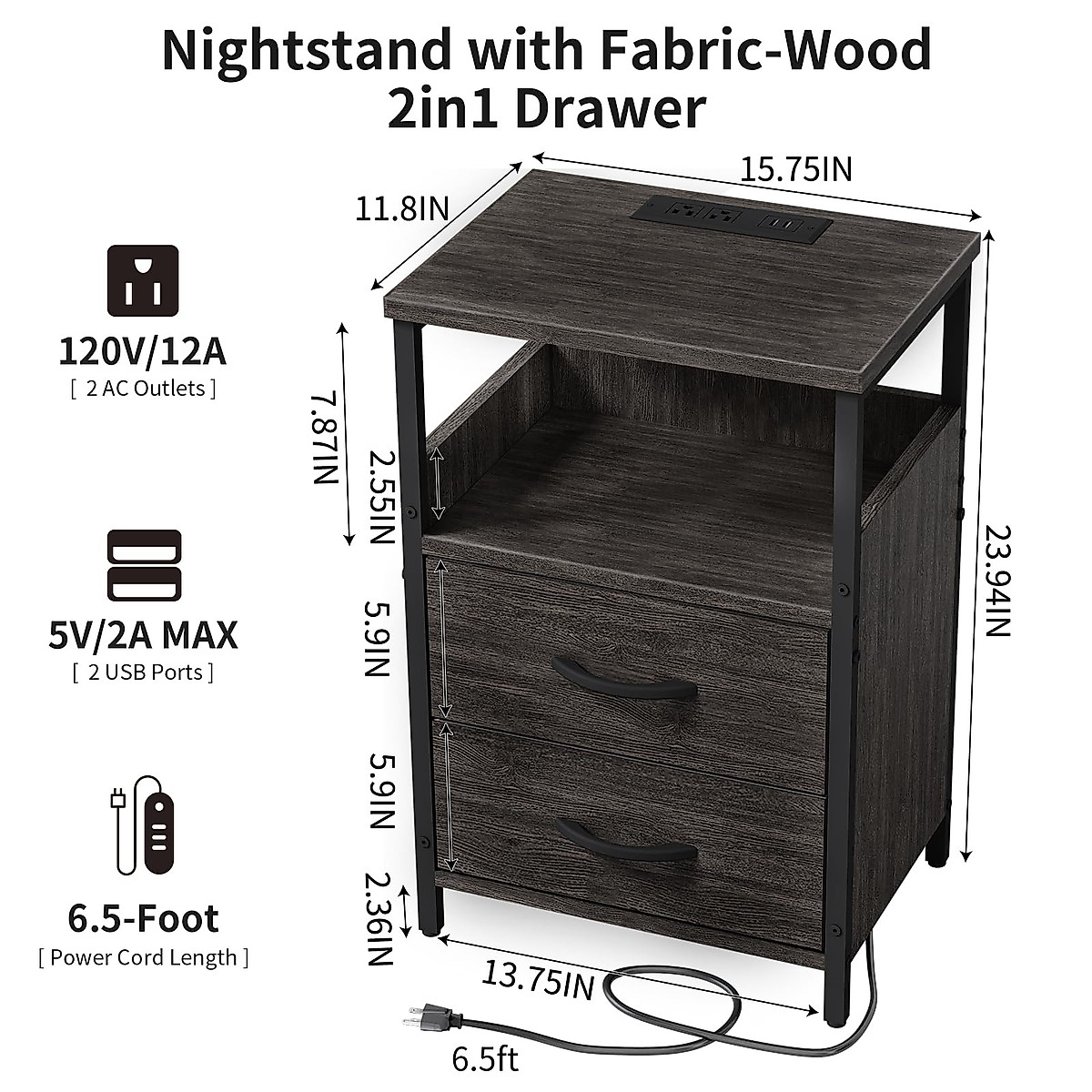 KHLJJU Nightstand with Charging Station, End Table Fabric-Wood 2-in-1 Drawer, Side for Small Spaces, Grey Bedside Tables USB Ports and Outlets Living Room, Bedroom, Office, KHL-BC-Hui-A