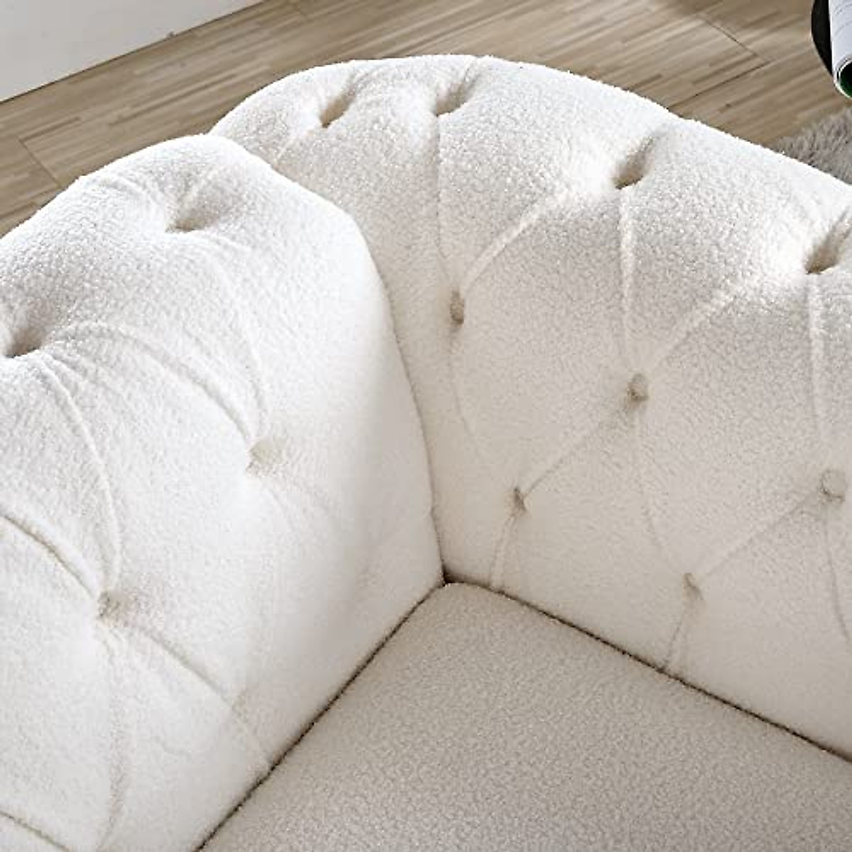 39" Chesterfield Single Sofa Chair Acrylic Crystal Leg Teddy Fabric Upholstered 1 Seater Sofa with Tufted Back,Roll Arm Settee Couches for Living Room Furniture (White + Polyester, Single Sofa)