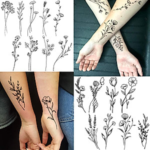 15 Sheets FANRUI Tiny Branch Black Flower Temporary Tattoos For Women Girl Floral Bouquet Small Tattoo Temporary Wild Plant Lavender Sweet Pea Larkspur Fake Tatoo Adults Face Hands Kids Kit Sticker