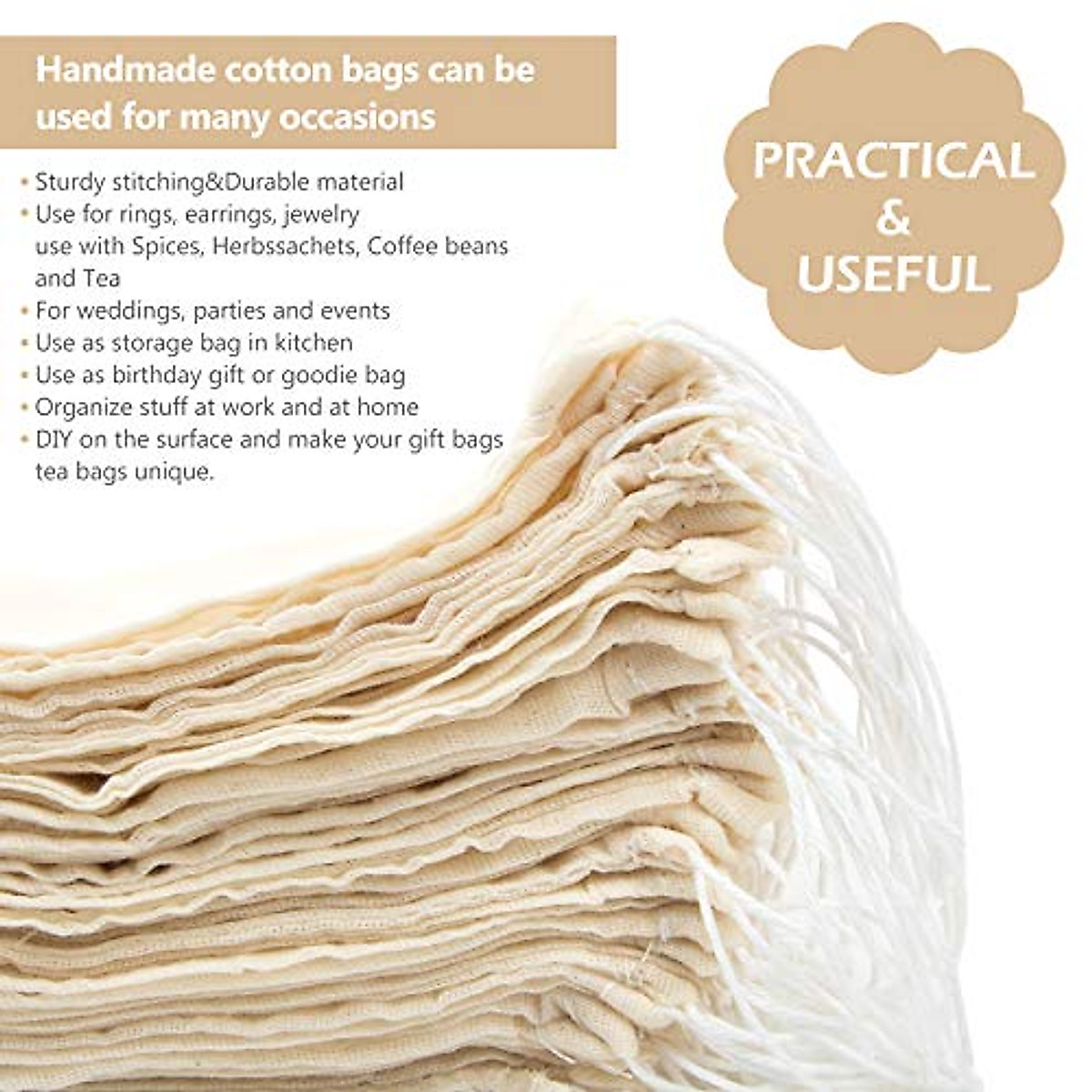 Chielor 50 Pieces Cotton Drawstring Bags, Reusable Muslin Bag Sachet Bag Gift Bag Jewelry Pouch for Wedding Party Home Supplies, Natural Unbleached Coffee/Spice/Tea/Herbs/Soup Bags (3 by 4 Inches)