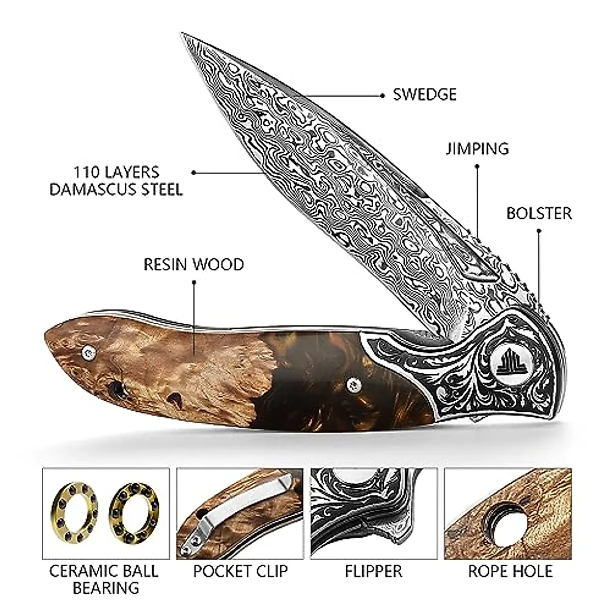 TRIVISA Damascus Folding Knife for Men,3.6'' Hand Forged 110 Layers Steel Hunting Blade,Resin and Wood Handle with Pocket Clip,Virgo-07Y
