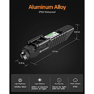 TOUGHSOUL Tactical Flashlight Green Red Laser Sight Combo, 1450 Lumen Picatinny Rail MLOK Mounted Rechargeable Rifle Flashlight (Green Laser)