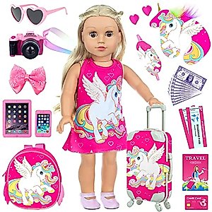 UNICORN ELEMENT 15Pcs 18 Inch Girl Doll Clothes and Accessories, Travel Suitcase with Unicorn Luggage Play Set Including Suitcase, Schoolbag, U-Shaped Pillow, Glasses, Camera, etc (Not Doll)