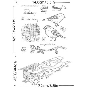 ZECNG Birds on Branches Clear Stamps Silicone Words for Card Making, Transparent Rubber Stamp and Die Sets for DIY Scrapbooking Decorate Photo Album Crafts