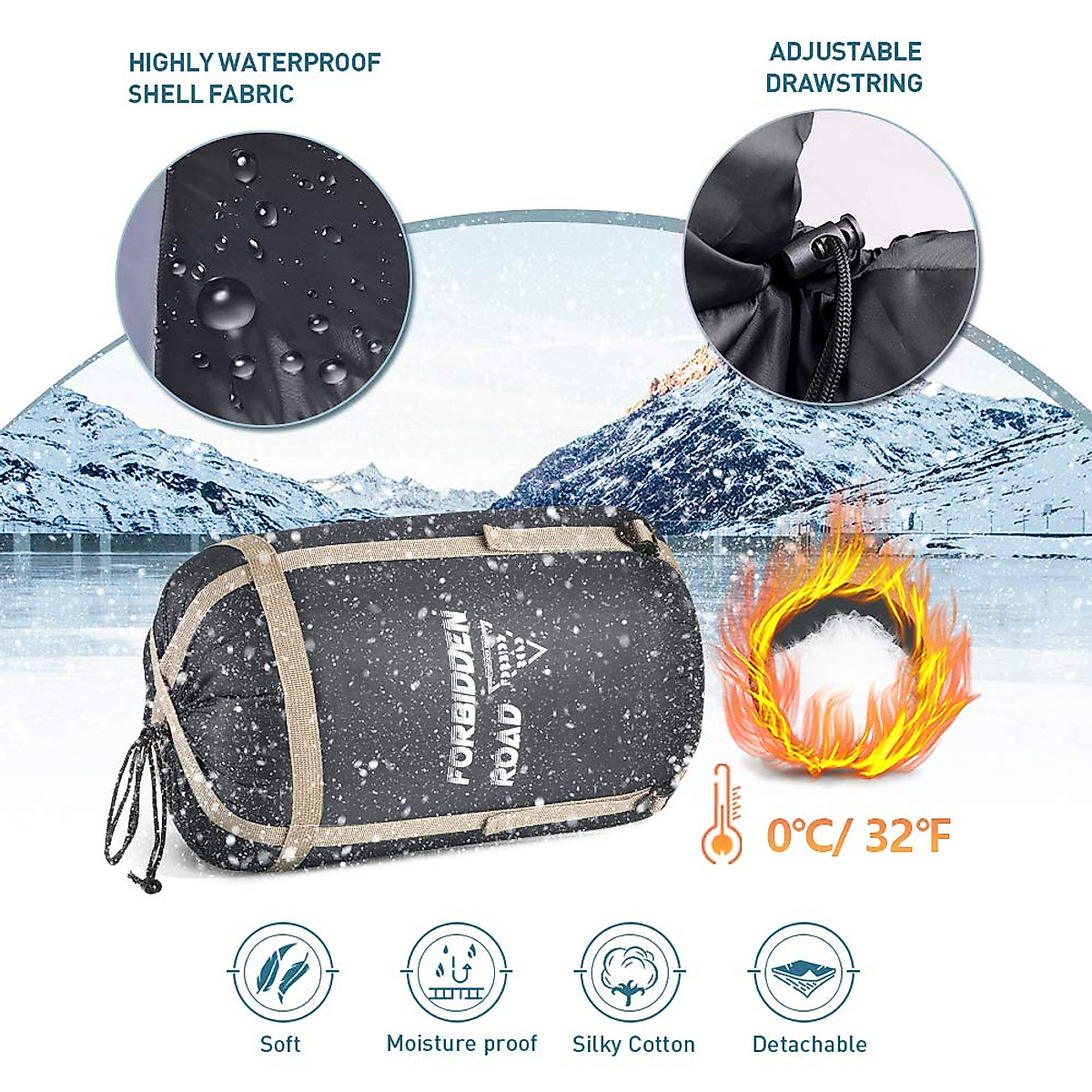 Forbidden Road Portable Single Sleep Bag for Camping Hiking Backpacking - Compression Bag Included (Black, 0 ℃ / 30 ℉)