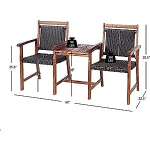 HAPPYGRILL Patio Bistro Set Acacia Wood Loveseat Chair with Side Table, 3 in 1 Rattan Wicker Patio Bench with Umbrella Hole for Garden Porch Backyard