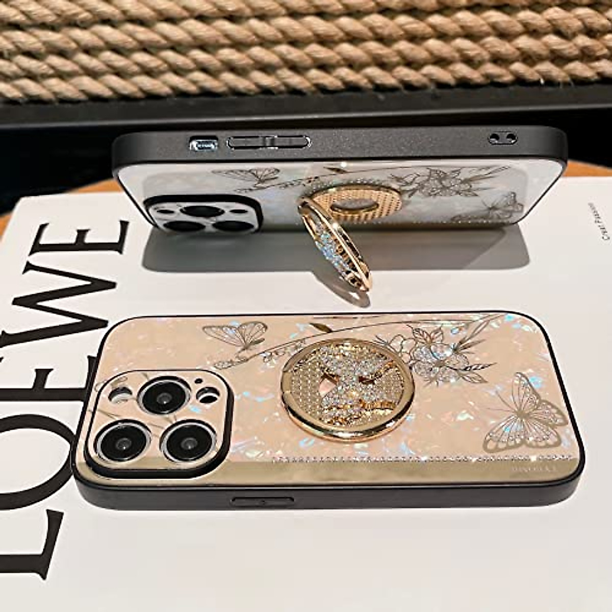 Topwin iPhone 14 Pro 6.1'' Kickstand Case, Cute 3D Butterfly Bling Glitter Marble Elegant Rhinestone Diamond Hard Back Soft TPU Bumper Cover for Girls for Apple iPhone 14 Pro 6.1 2022 (Rose Gold)