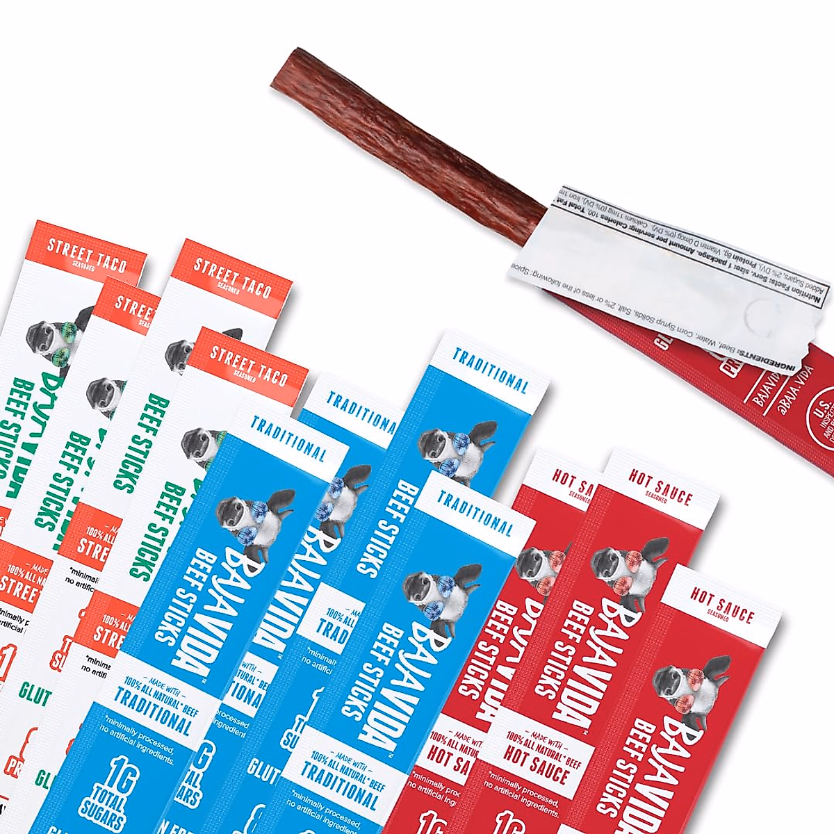 Baja Jerky All Natural Beef Sticks - Traditional, Street Taco, & Hot Sauce, Gluten Free, Protein Packed, Made in the USA - Variety, (Pack of 12)