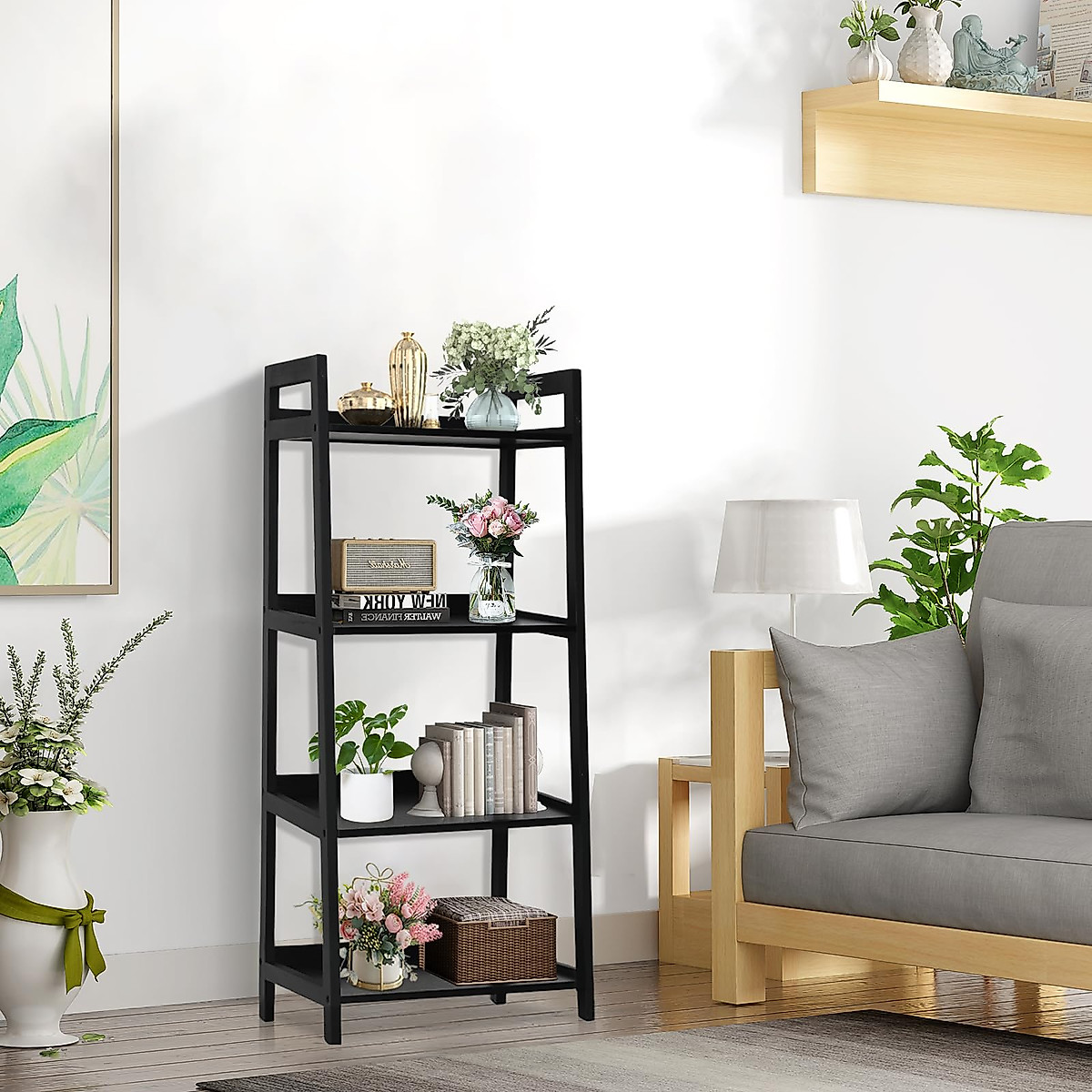 ECOMEX 4-Tier Ladder Shelf Modern Style Shelf, Ladder Bookshelf Open Storage Rack Wood Ladder Shelf with Solid Pine Frame, Freestanding Ladder Shelves for Home Office, Bedroom (Black)