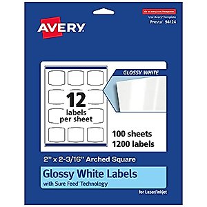 Avery Glossy White Arched Square Labels with Sure Feed, 2" x 2-3/16", 1,200 Glossy White Labels, Print-to-The-Edge, Permanent Label Adhesive, Laser/Inkjet Printable Labels