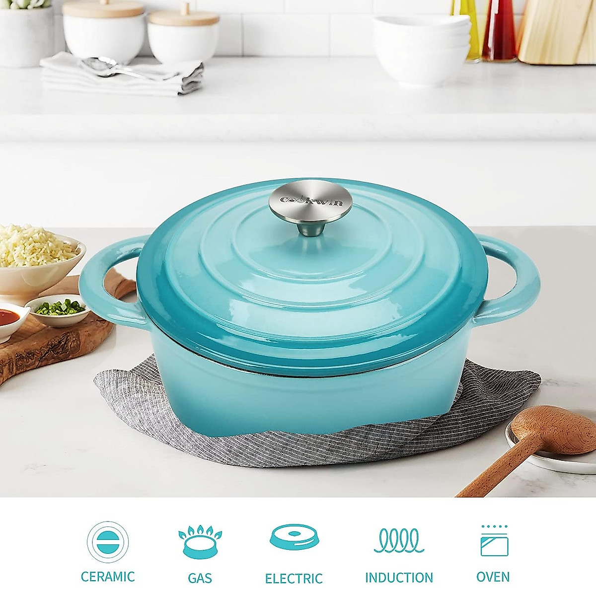 Cast Iron Dutch Oven 4.5 Quart Enameled Cast Iron Dutch Oven Pot with lid Heavy Duty Dutch Oven Dual Handles Porcelain Enameled Cast Iron Pot for Baking Braiser Cooking Family or Friends Gifts,Aqua