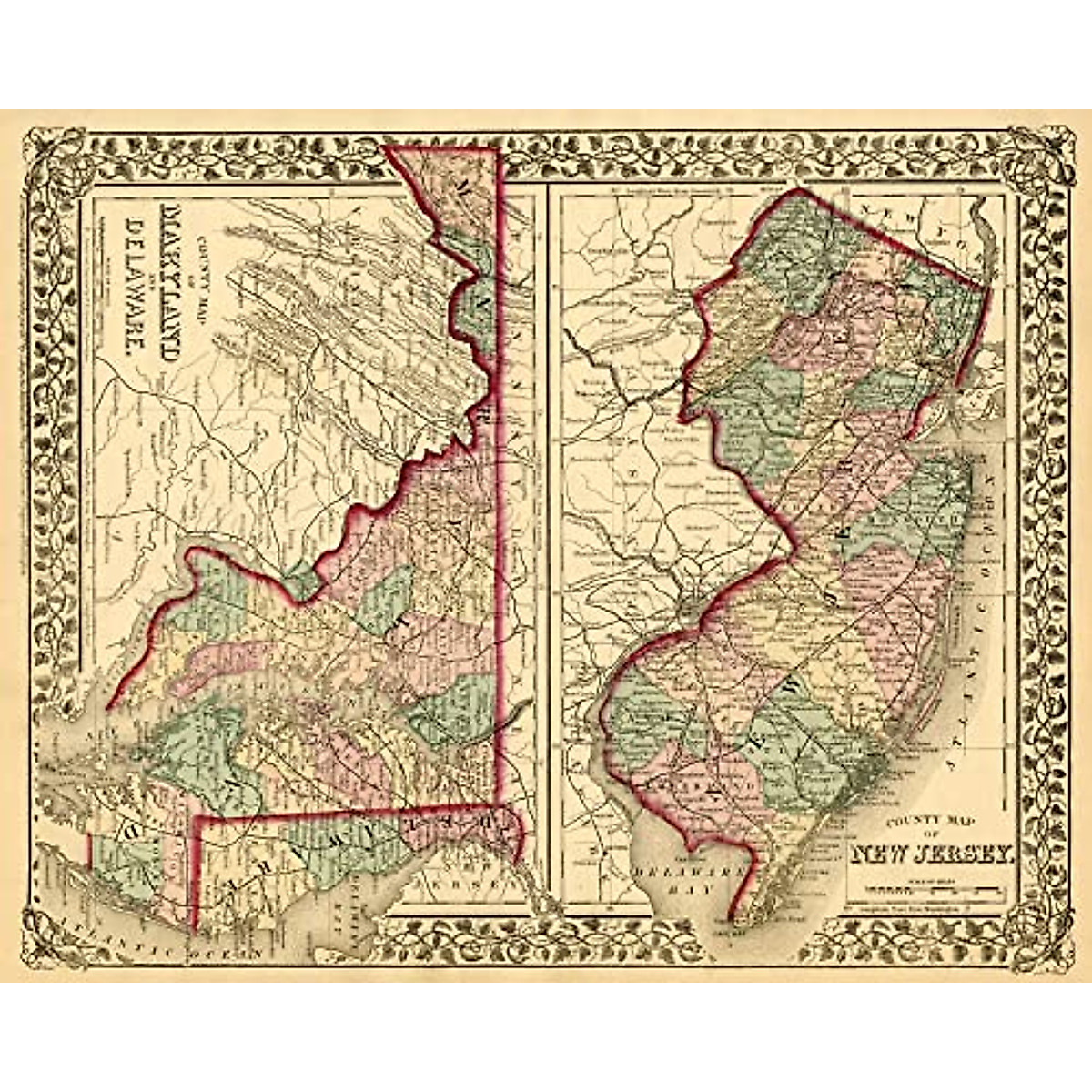 1877 County Map of New Jersey Maryland Delaware United States Travel Vintage Poster Repro 11" X 14" Image Size SHIPPED ROLLED