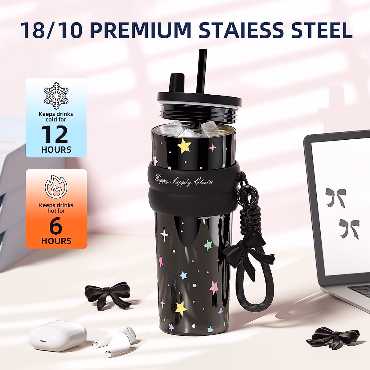 SDGA+ 24 oz Stainless Steel tumbler with Lid and Straw Leak Proof, Cute Travel Coffee Mug for Hot and Cold, Insulated Thermal Water Bottle Resuable Cute Portable Cup for Women, Blcak Star