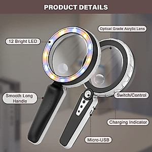 Magnifying Glass with Light-6X 10X 12 LED Handheld Illuminated Lighted Magnifying Glasses, 3 Cool and Warm Light Modes & Adjustable Brightness, Magnifier for Close Work, Seniors Reading,Powered by USB