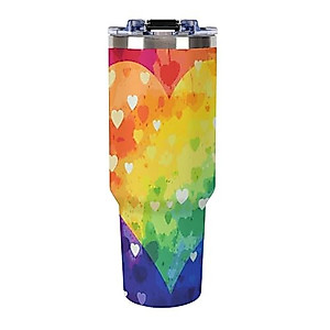LLUTSNTH 40 Oz Vacuum Tumbler with Black Handle Leakproof Insulated Tumbler Colorful Rainbow Love Heart Stainless Steel Travel Mug with Lid And Straw Coffee Cup Cute Water Bottles Cup Holder Friendly