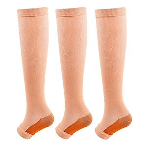 3Pairs Open Toe Toeless Compression Socks(15-20mmHg) for Men Women Support Stocking (Beige, L/XL)