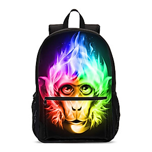 Delerain Rainbow Colors Monkey Head School Backpack Lightweight Travel Daypack Shoulder Bag 17 Inch Plus Laptop Bag Book bag for 1-6th Grade Boys Girls Back to School