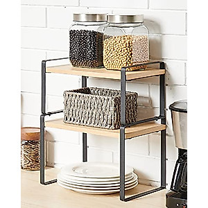 HILINSIE Cabinet Organizer Shelf- Set of 2 Kitchen Counter Shelves, Expandable Spice Racks, Stackable Counter Top Shelf, Engineered Wood and Metal, 7.7 x 11.6 x 14 Inches, Natural and Black