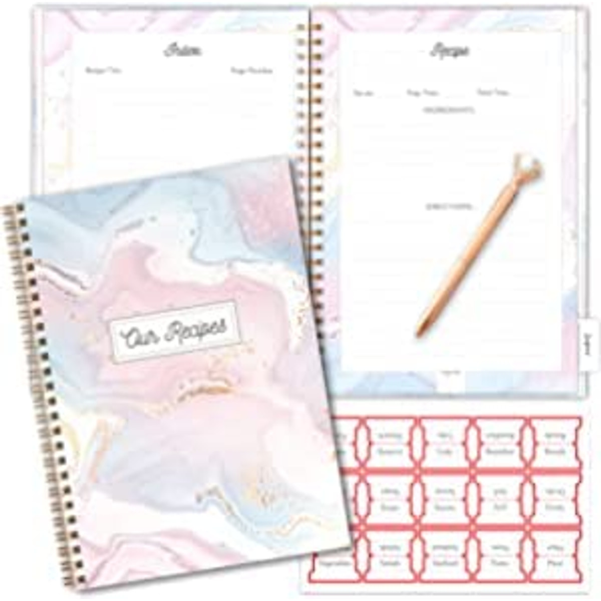 A5 Marble Recipe Book with Diamond Pen, Recipe Book to Write Your Own Recipes Sticker Dividers, Blank Recipe Book with Insides Pockets, Recipe Notebook, Recipe Books, Recipe Journal (Pink)