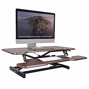Mount-It! Height Adjustable Desk Converter, 38” Wide Tabletop Standing Desk Riser with Gas Spring Desktop Standing Desk with Keyboard Tray Fits Two Monitors, Dark Walnut
