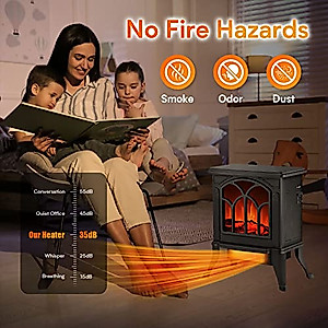 Electric Fireplace Heater, Infrared Space Heater with 3s Fast Heating, 1500W 750W 2 Modes, 3D Flame Effect, Overheat Tip-Over Protection, Brightness Adjustable, Safe Free Standing Stove Without Noise