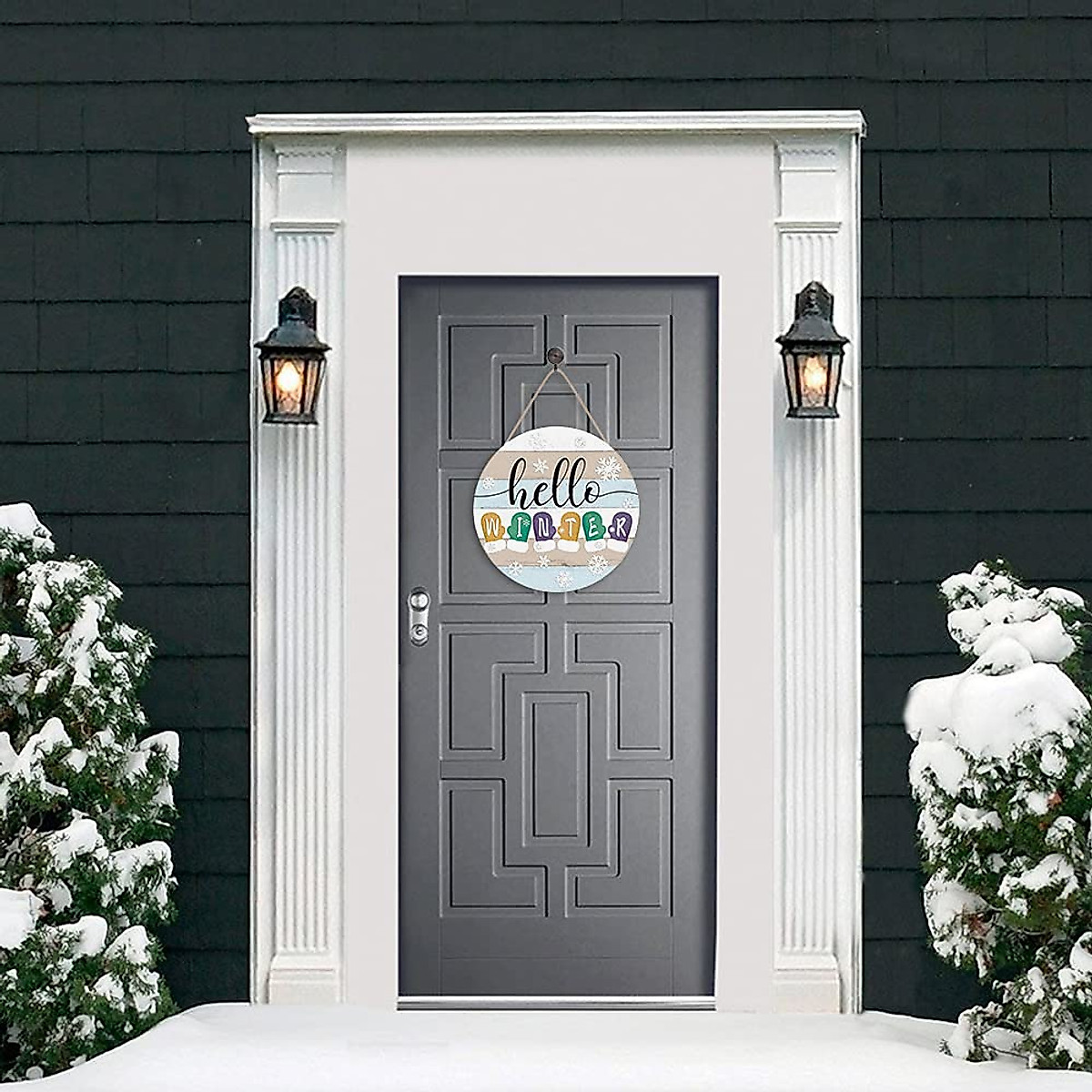 CHDITB Hello Welcome Winter Door Sign Decoration(12"x12"), Round Colourful New Year Wall Hanging Decor with Snowflake Gloves Mitten, Rustic Christmas Holiday Door Hanger for Front Porch Farmhouse