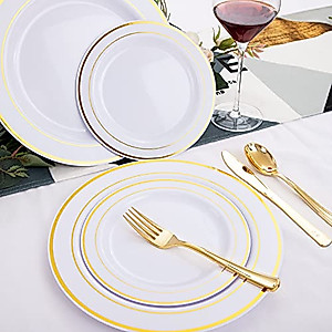 WELLIFE 96 Pcs Gold Plastic Plates, Disposable Gold Plates with Cups and Silverware, Gold Dinnerware Set Ideal Includes: 16 Dinner Plates 10.25", 16 Salad Plates 7.5", 16 Cutlery and Cups