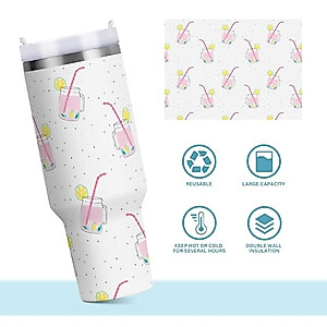 DIGTIA Stainless Steel Insulated Tumbler w/Handle & Straw, Cocktail Lemon Double Wall Vacuum Travel Coffee Mug Cup w/Lid, Leak-Proof Sports Pink Water Bottle,30oz