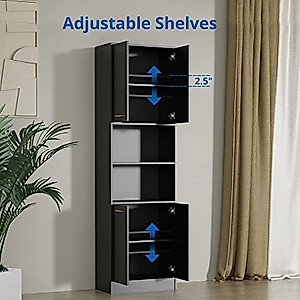 Cozy Castle Kitchen Pantry Storage Cabinet 75" Tall 4 Doors Wood Freestanding Cupboard with Open Countertop and Adjustable Shelves Utility Cabinets for Dining Room Living Room Laundry Bathroom, Black